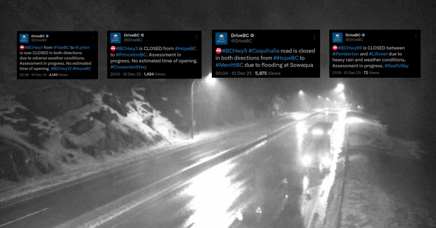 UPDATE: Hwy 3 remains closed due to debris, Hwy 1 closed through Abbostford